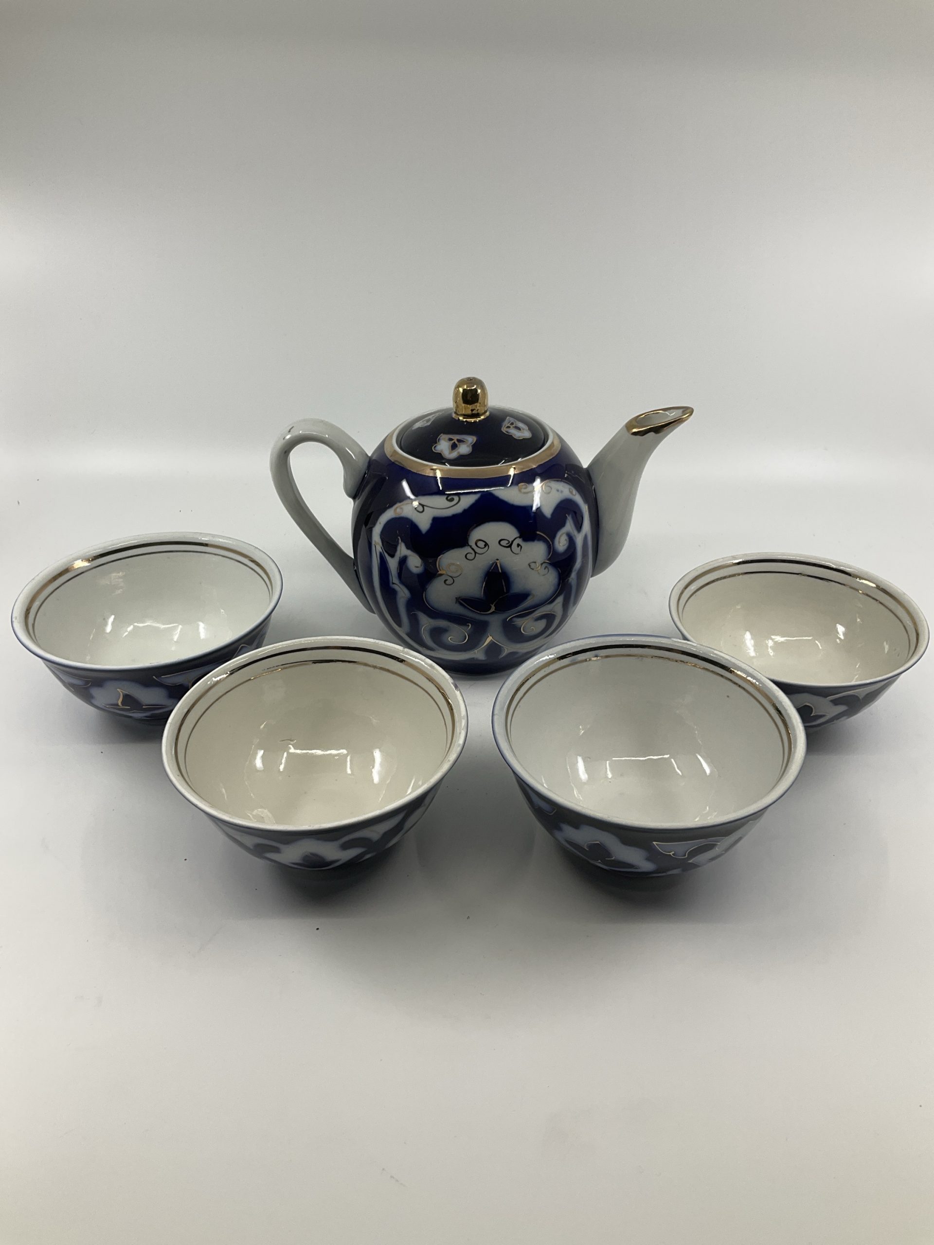 Vintage Uzbek Porcelain Hand Painted Cobalt Blue & White w/ Gold Teapot ...